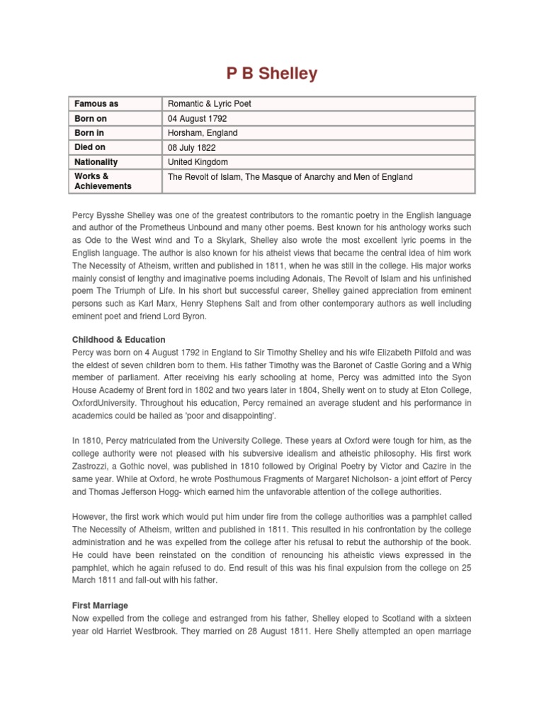 PB Shelley - Romantic Poet Who Wrote Ode to the West Wind | PDF | Percy ...