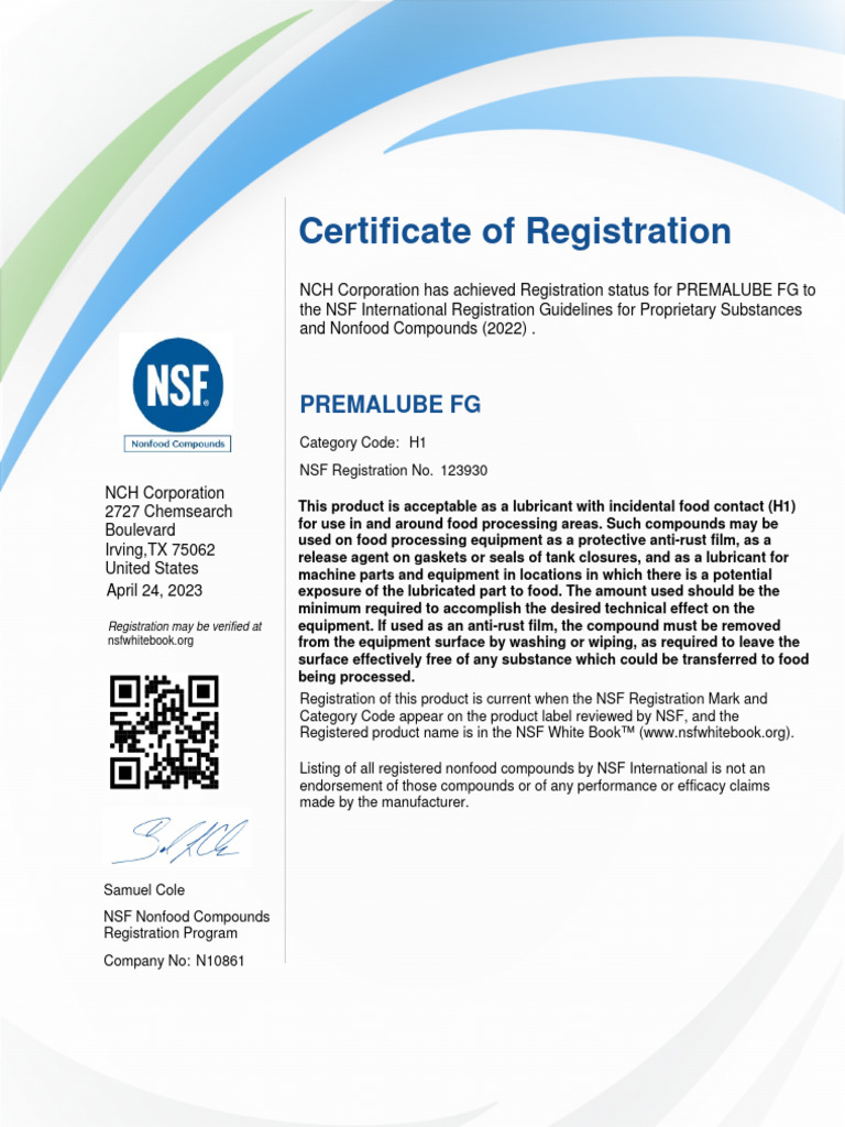 GRASA NCH PREMALUBE FG 2 - Certificado NSF | PDF | Finance & Money Management