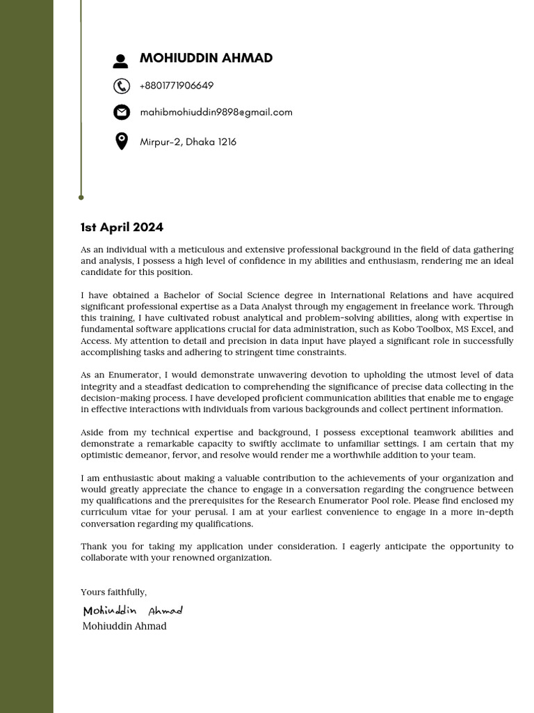 Mohiuddin Ahmad Cover Letter | PDF