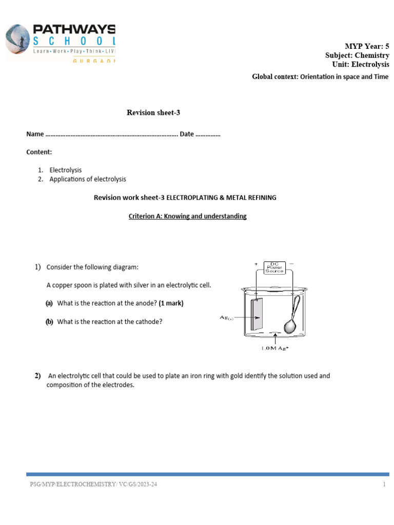 Electrochemistry - Revision Work Sheet-3 2023 | PDF | Electrochemistry ...