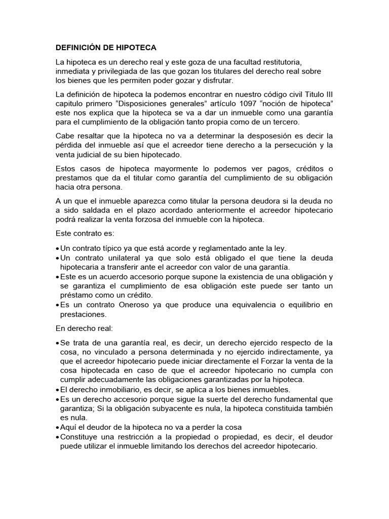 DEFINICIÓN DE HIPOTECA | PDF | Ley de hipotecas | Derecho privado