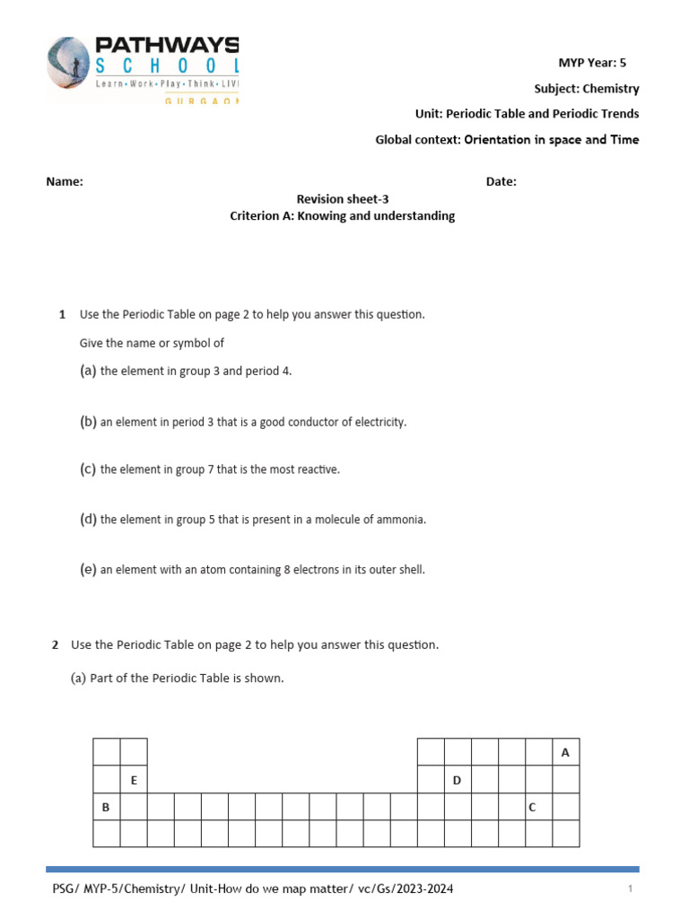 Task Sheet - Periodic Table 2023 | PDF | Proton | Atoms