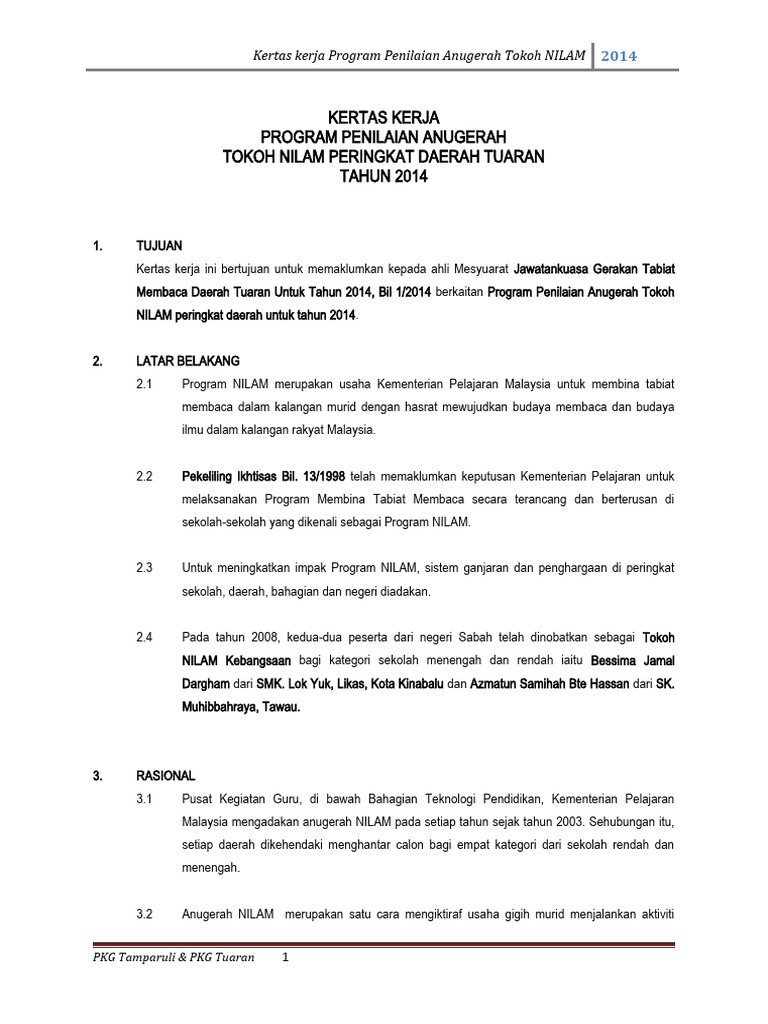 Kertas Kerja Nilam 2014 | PDF
