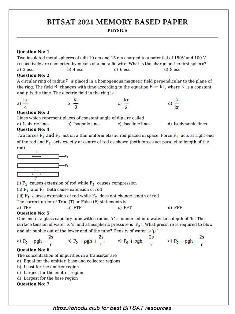 Bitsat Paper 3 | PDF | Lift (Force) | Electric Field