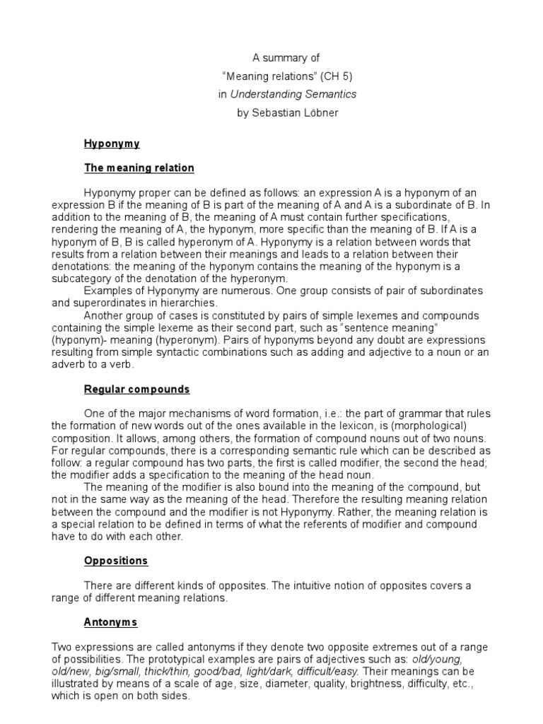 A Summary of Key Meaning Relations: Hyponymy, Antonyms, Directional ...