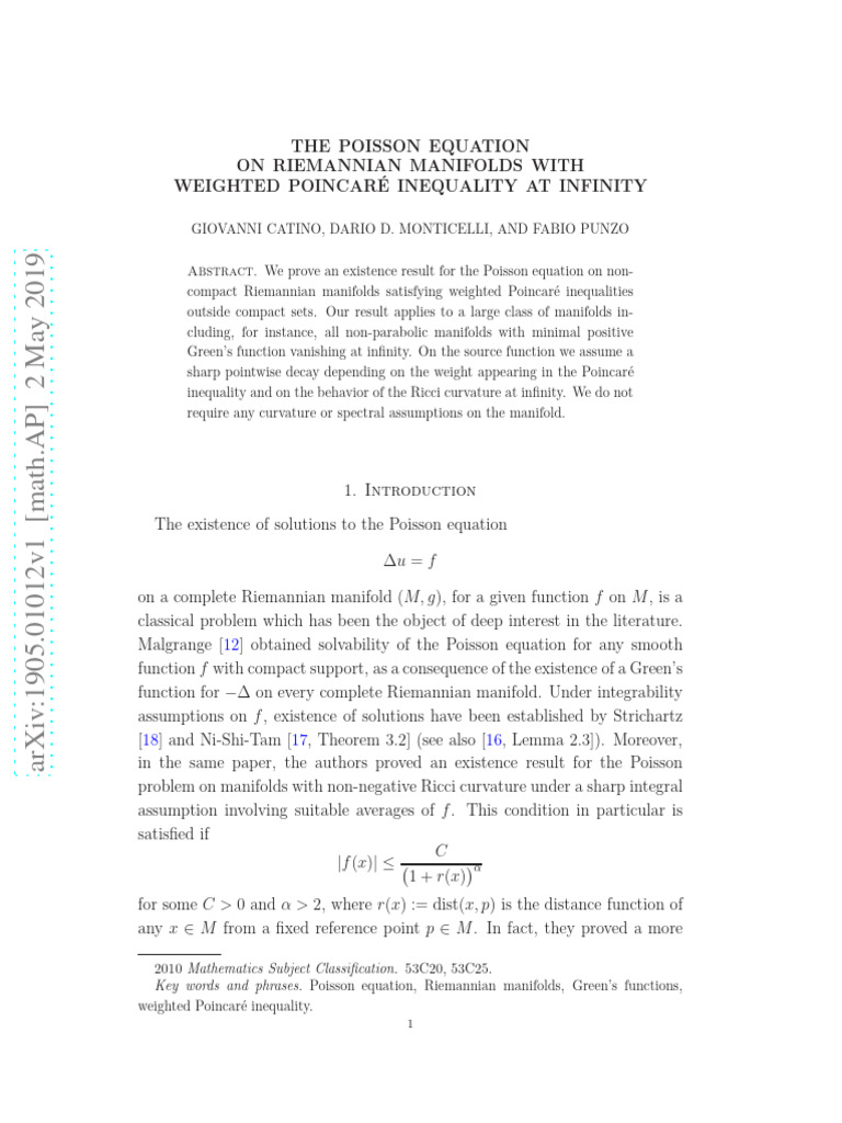 The Poisson Equation On Riemannian Manifolds With Weighted Poincaré Inequality at Infinity | PDF ...