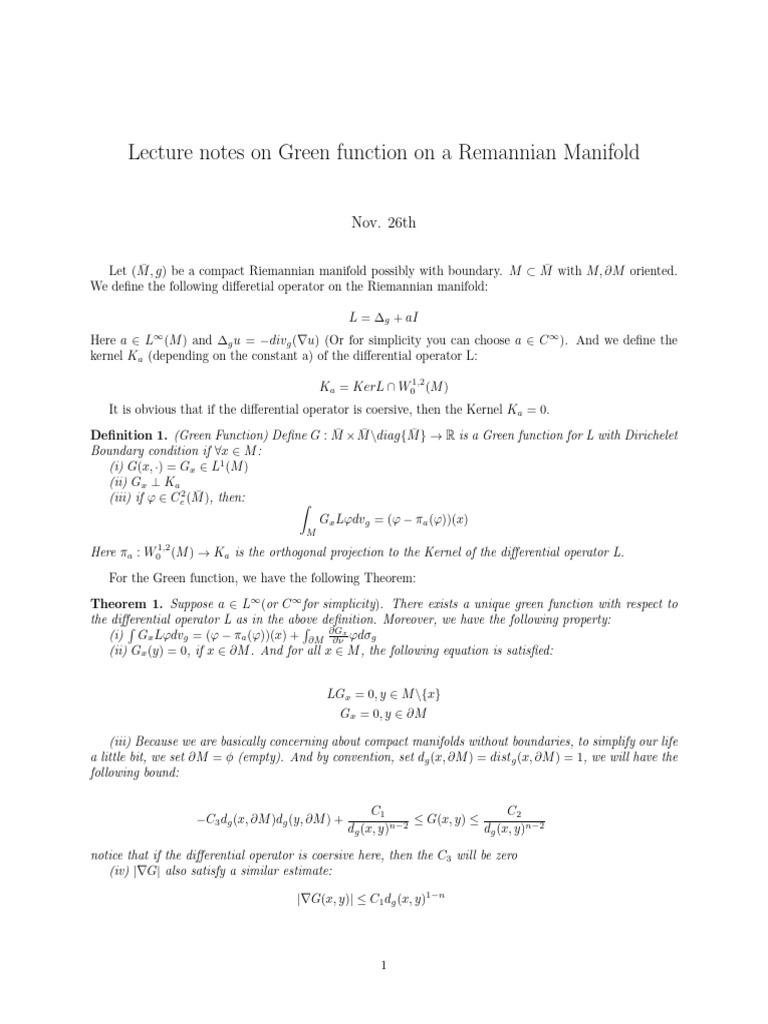 Lecture Notes On Green Function On A Remannian Manifold | PDF | Green's ...
