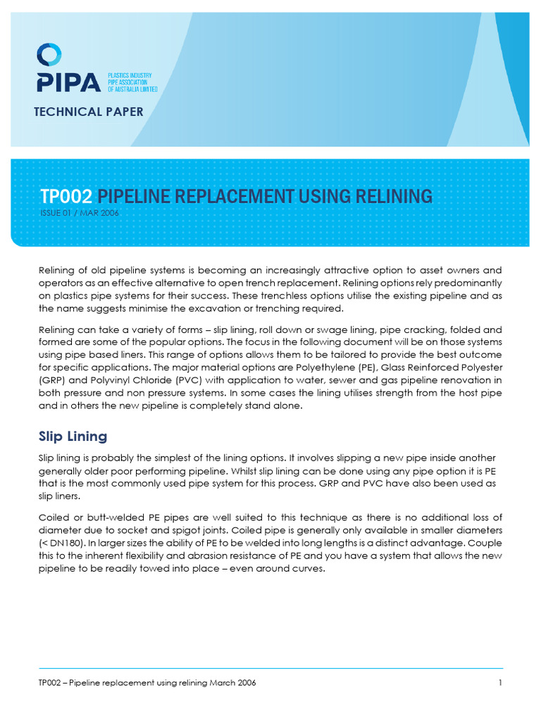 PIPA TP002 Pipeline Replacement Using Relining March 2006 | PDF | Pipe (Fluid Conveyance ...