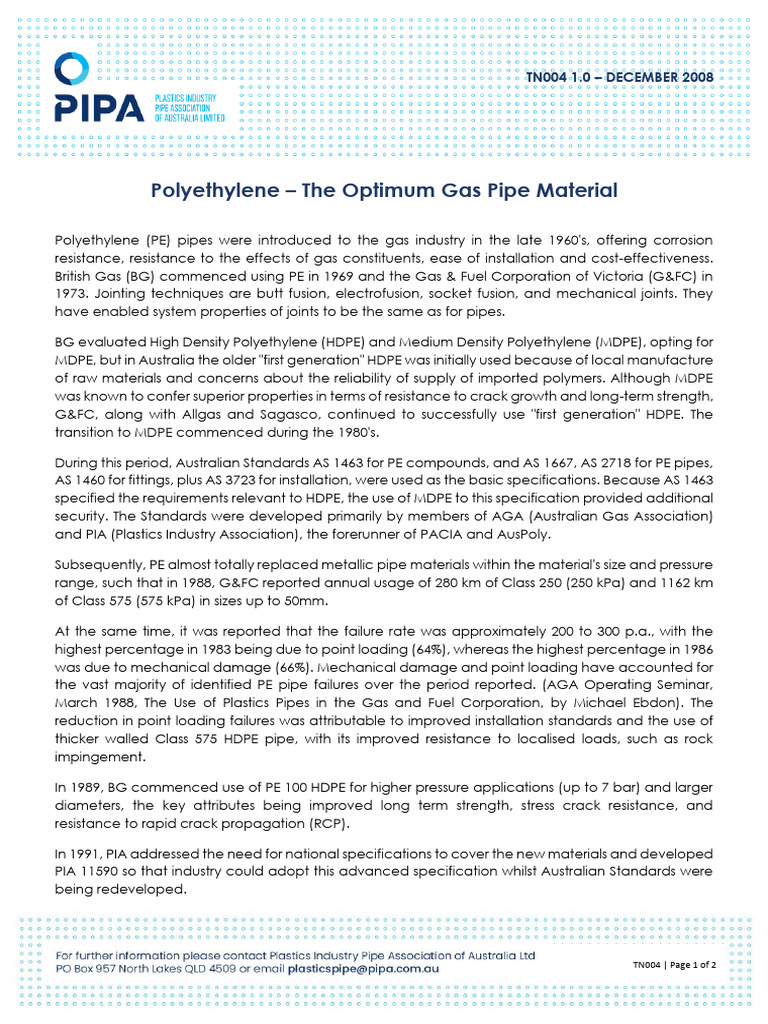 TN004 - Polyethylene The Optimum Gas Pipe Material December 2008 | PDF | Polyethylene | Pipe ...