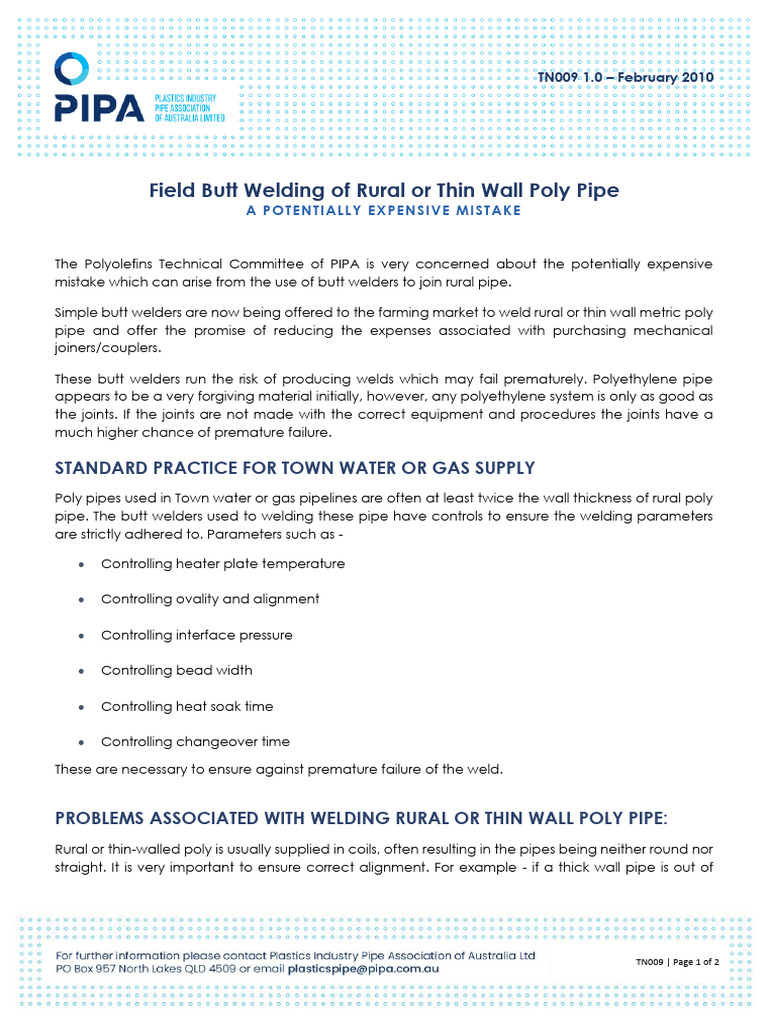 TN009 - Field Butt Welding of Rural or Thin Wall Poly Pipe February 2010 | PDF | Pipe (Fluid ...