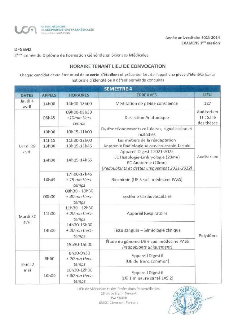 Convocation Examens DFGSM2 S4-2023-2024 | PDF