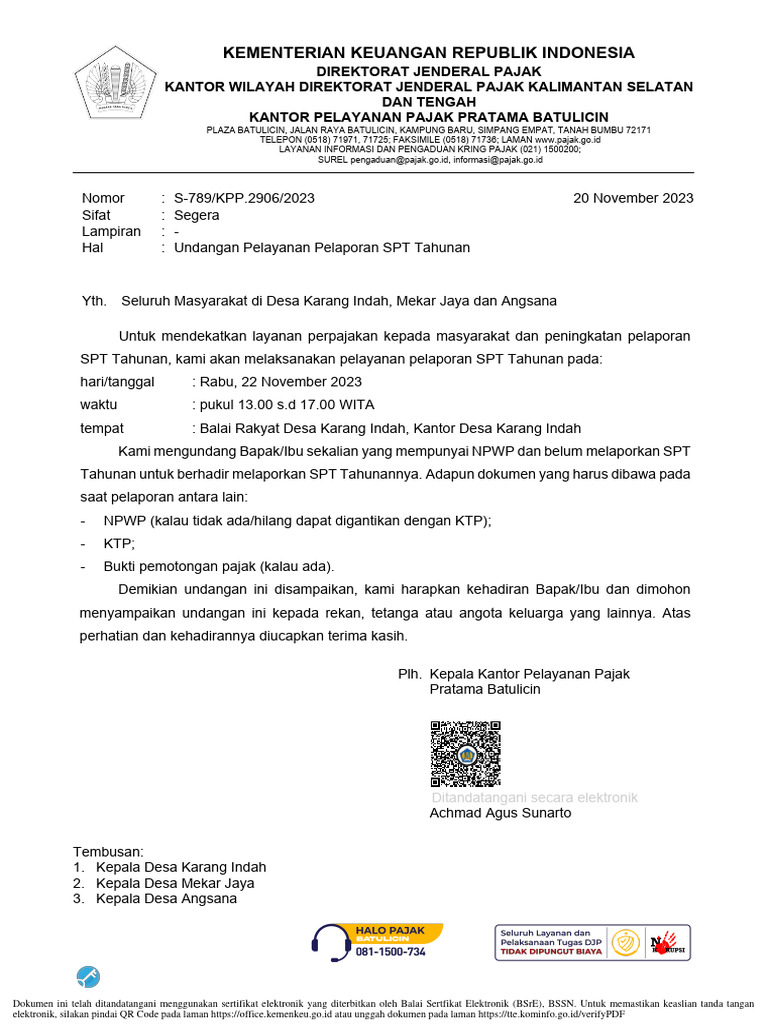 Undangan Pelayanan Pelaporan SPT Tahunan Di Desa Karang Indah | PDF