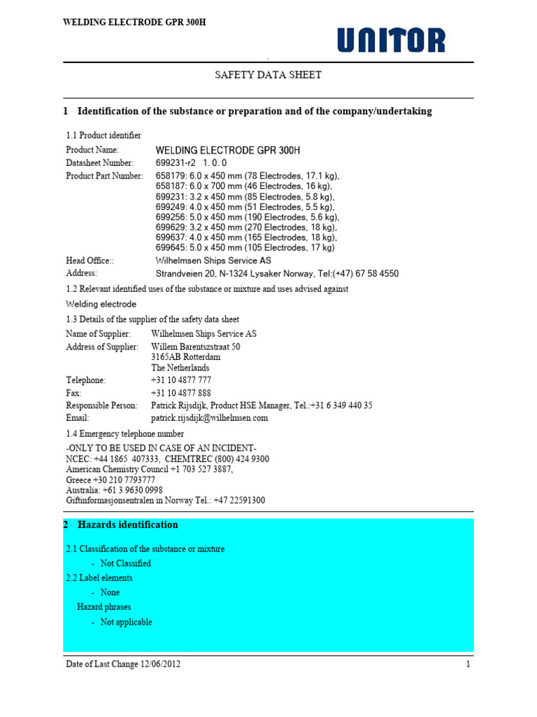 GPR 300H Welding Electrode Safety Data Sheet | PDF | Toxicity | Welding