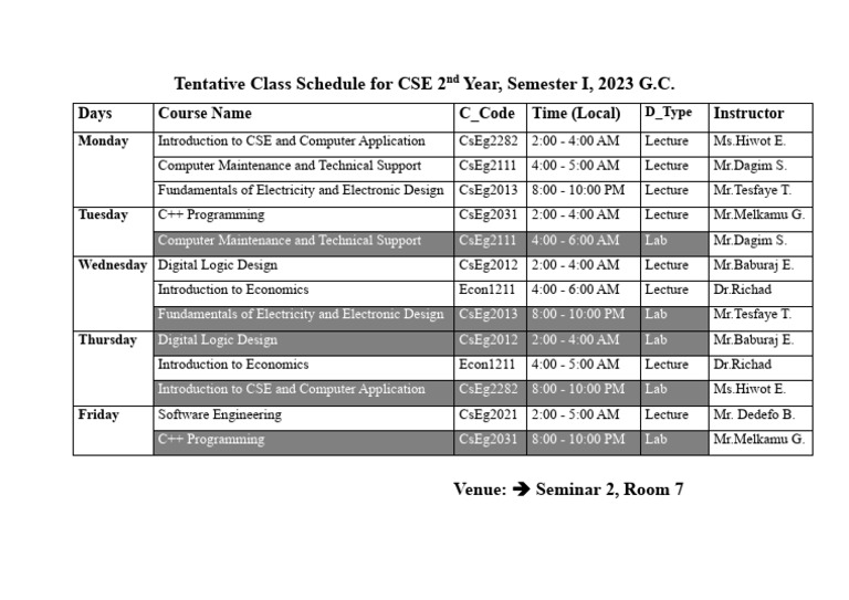 Tentative Class Schedule For CSE Y2 2023 Sem I | PDF | Art | Technology ...