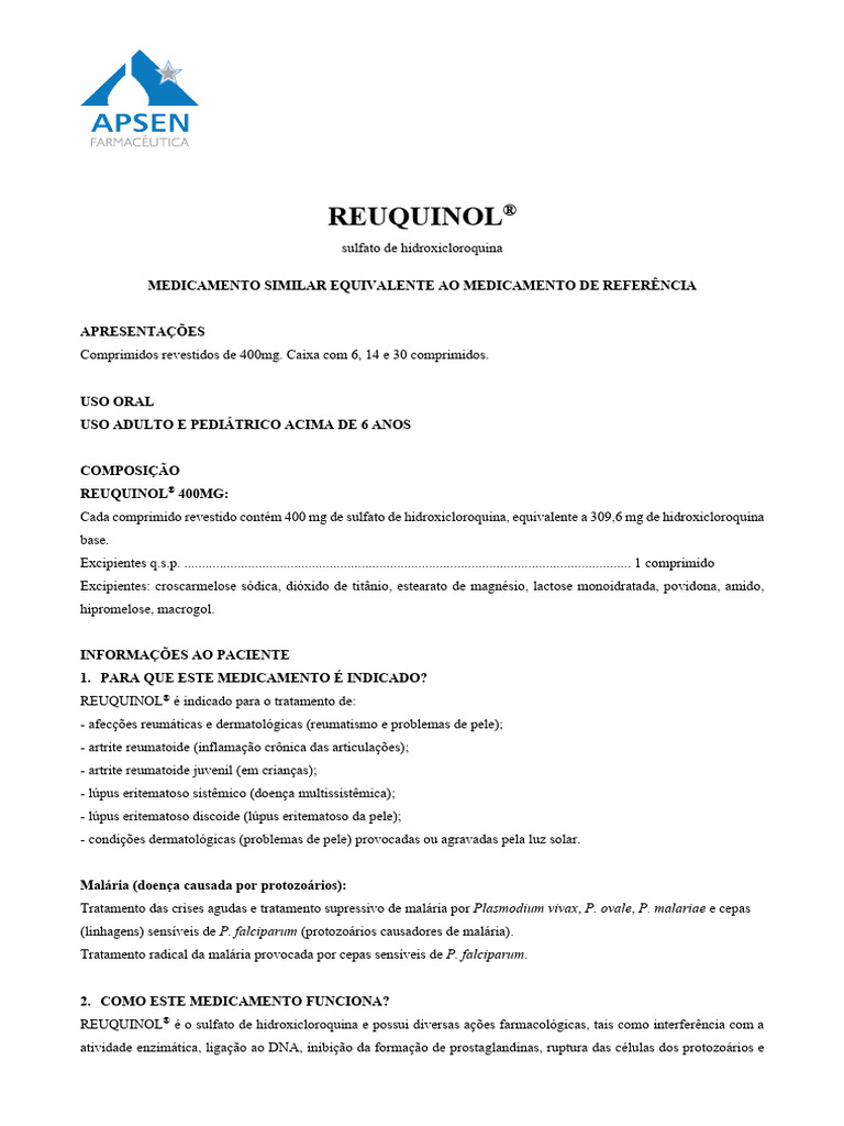 Bula Reuquinol Paciente | Download grátis PDF | Hipoglicemia | Malária