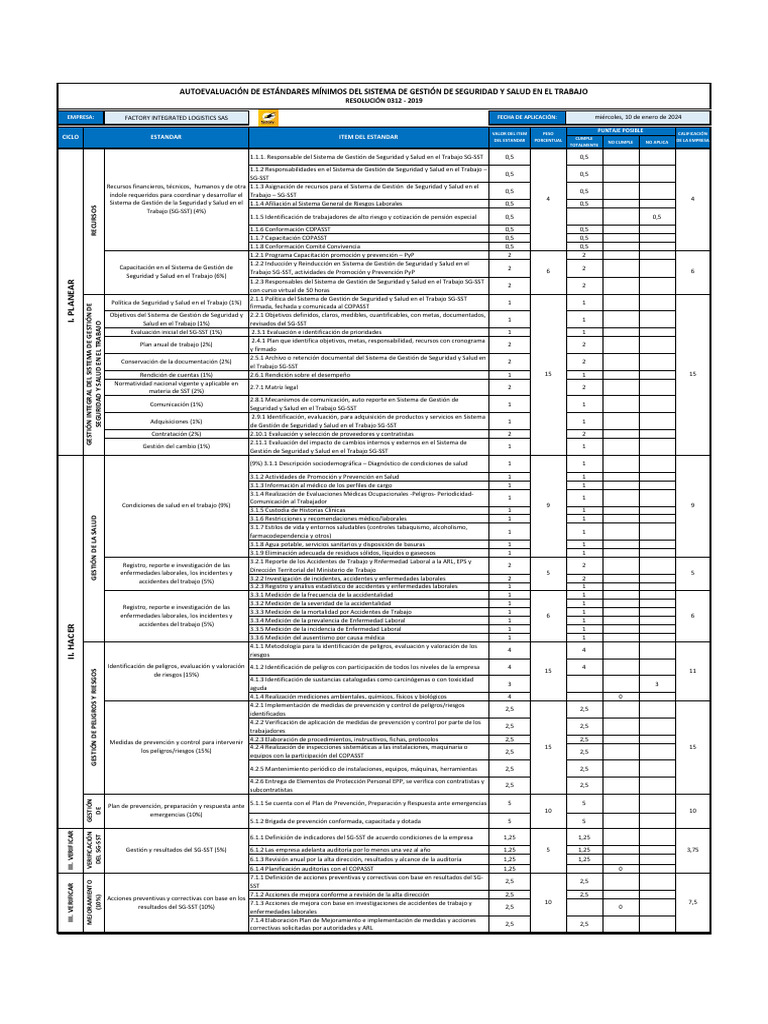 Formato Guía Autoevaluación Res. 0312 de 2019 | PDF
