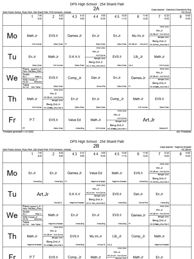 DPS Ruby Park Teacher Timetable 2022 | PDF | Delhi