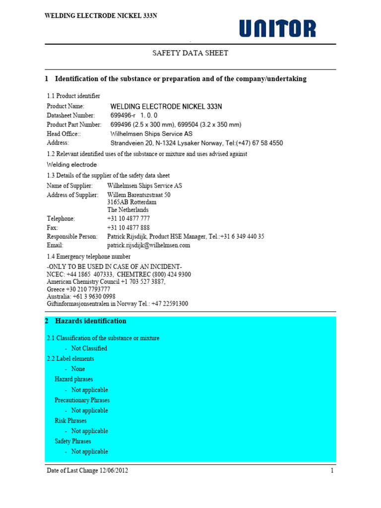 Safety Data Sheet: Nickel 333N Electrode | PDF | Chemical Substances ...