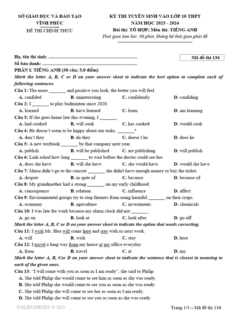Tailieudieuky de Thi Tuyen Sinh Lop 10 THPT Vinh Phuc Mon Tieng Anh To Hop Nam Hoc 2023 2024 Co ...