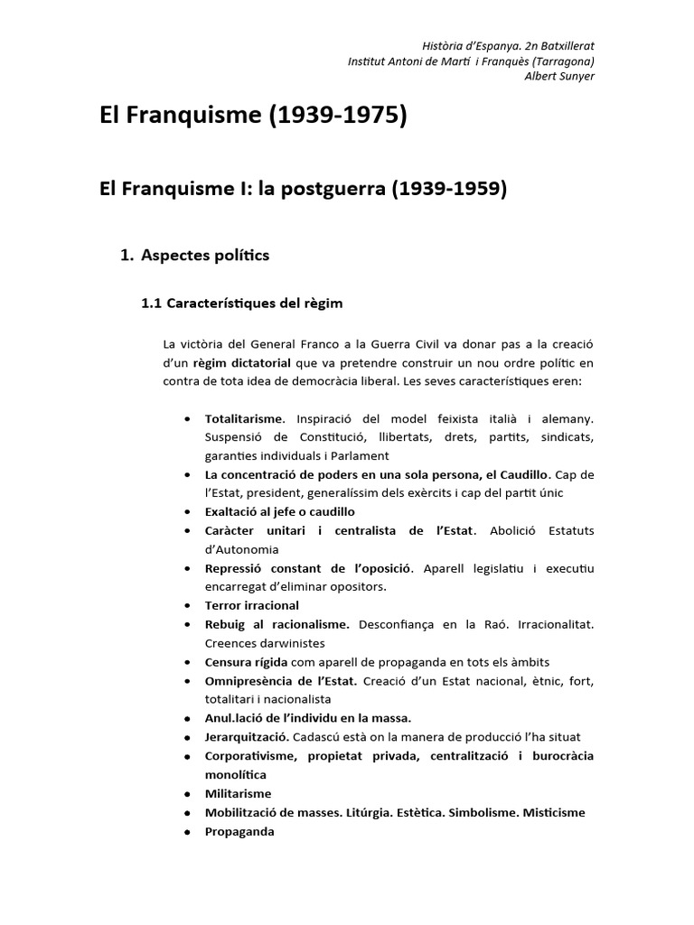 Resum Franquisme I (1939-1959) | PDF