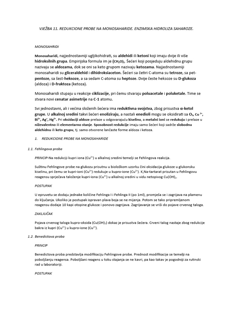 VJEŽBA 11. Redukcione Probe Na Monosaharide. Enzimska Hidroliza ...