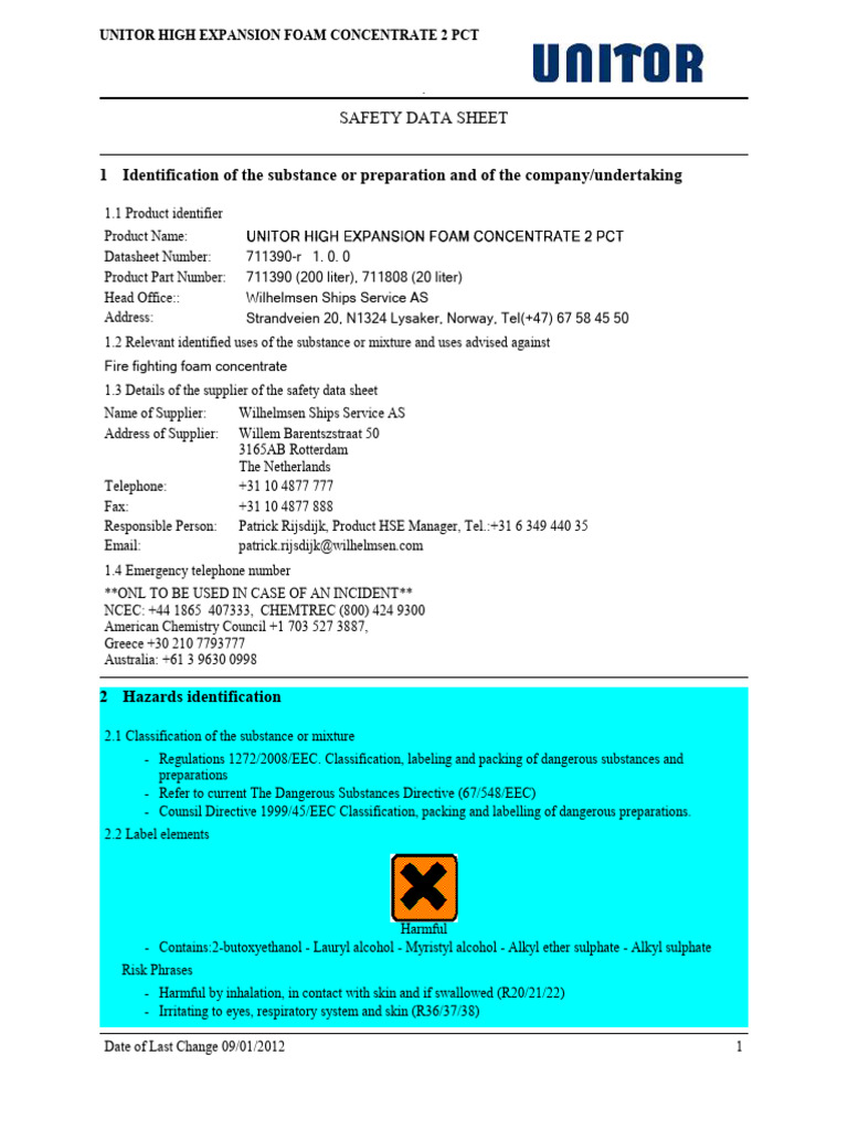 Unitor High Expansion Foam SDS | PDF | Chemical Substances | Chemistry