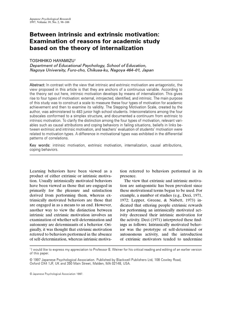 Between Intrinsic and Extrinsic Motivation - Reasons For Academic Study ...