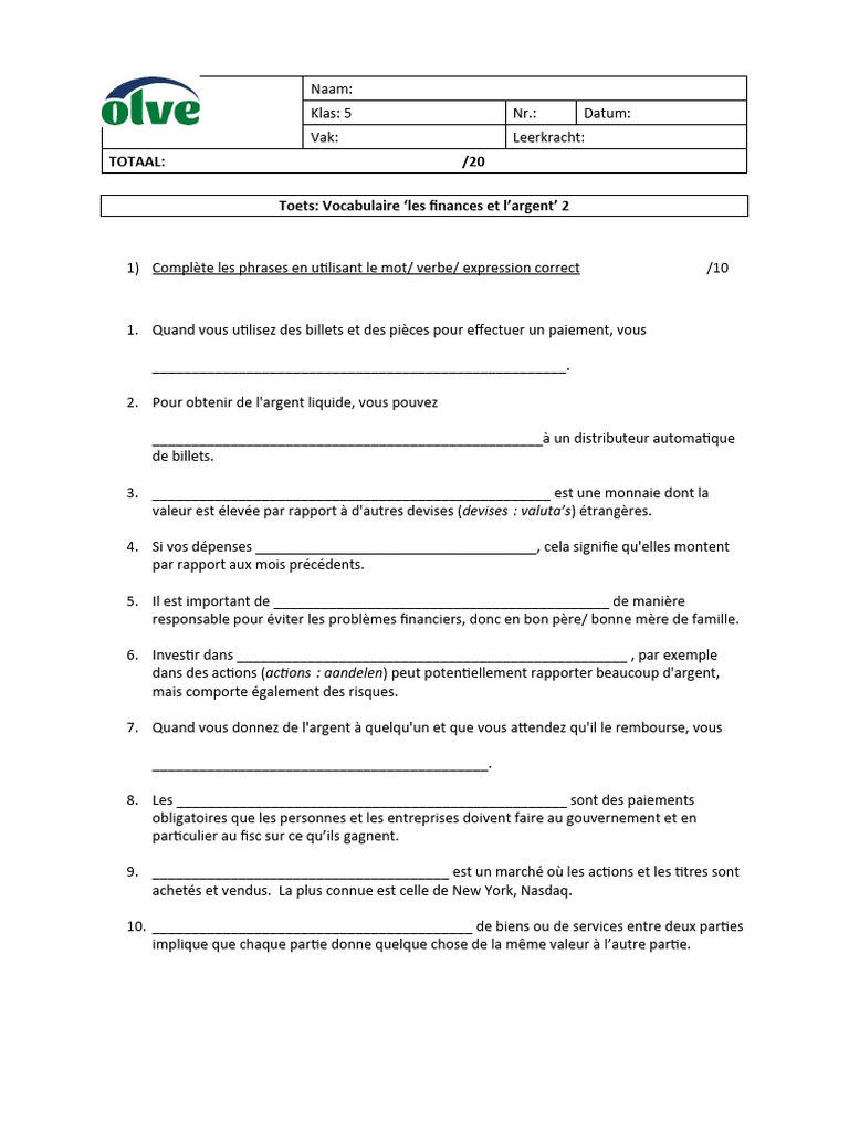 Test de vocabulaire sur les finances | PDF | Monnaie fiduciaire | Argent
