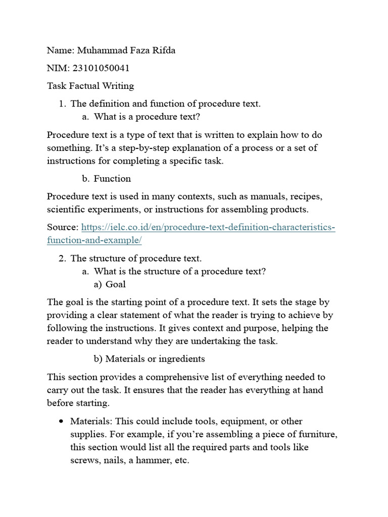 Understanding Procedure Text Structure | PDF | Sentence (Linguistics ...