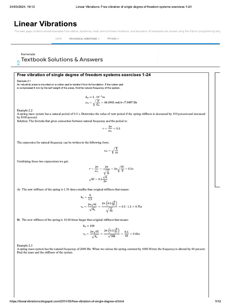 Linear Vibrations - Free Vibration of Si.. | PDF