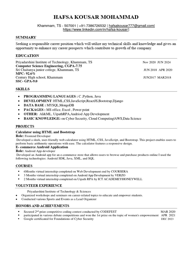 Resume_Hafsa_kousar_2024 | PDF | Mobile App | Android (Operating System)
