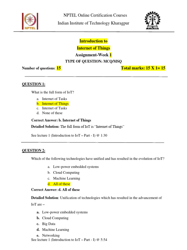 IoT Assignment Week 1 Answers | PDF | Internet Of Things | Computer Network
