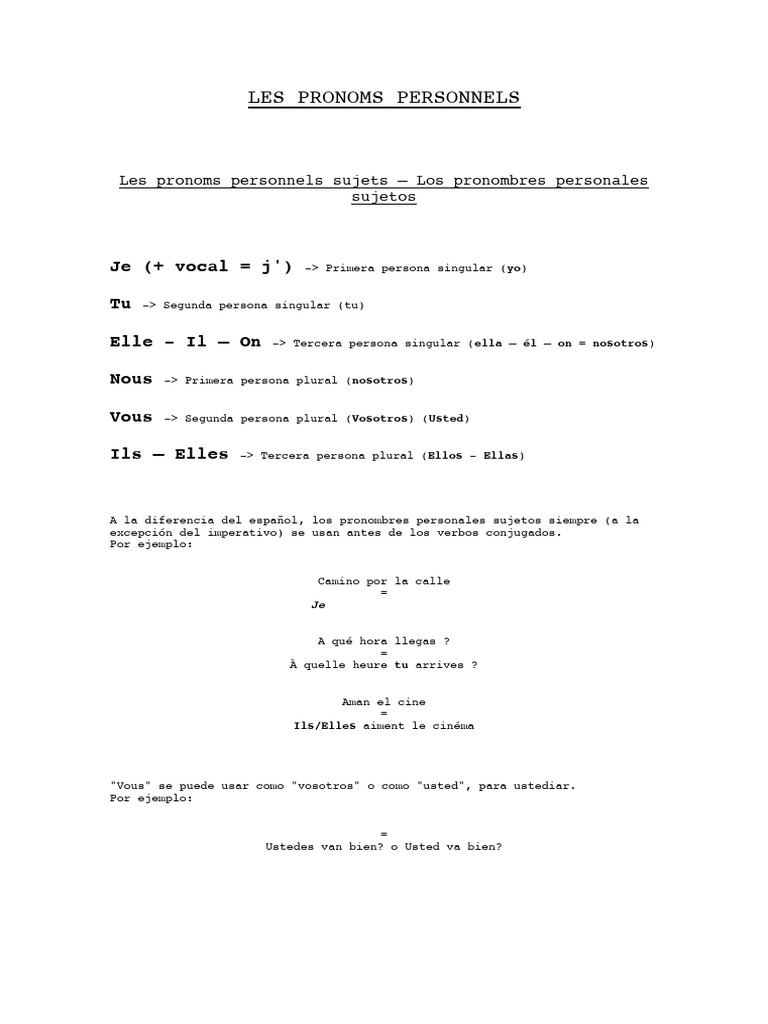 Les Pronoms Personnels | PDF | Plural | Idiomas