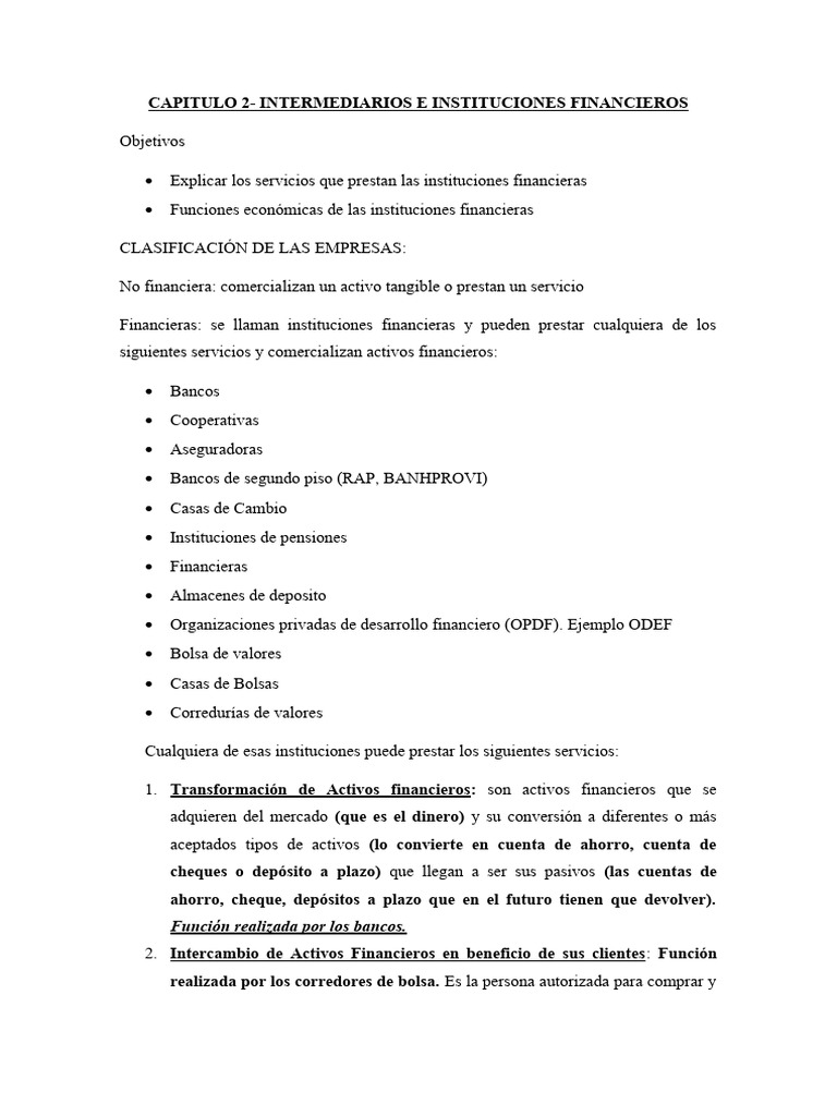 CAPITULO 2- INTERMEDIARIOS E INSTITUCIONES FINANCIEROS | PDF | Bolsa | Compartir (Finanzas)