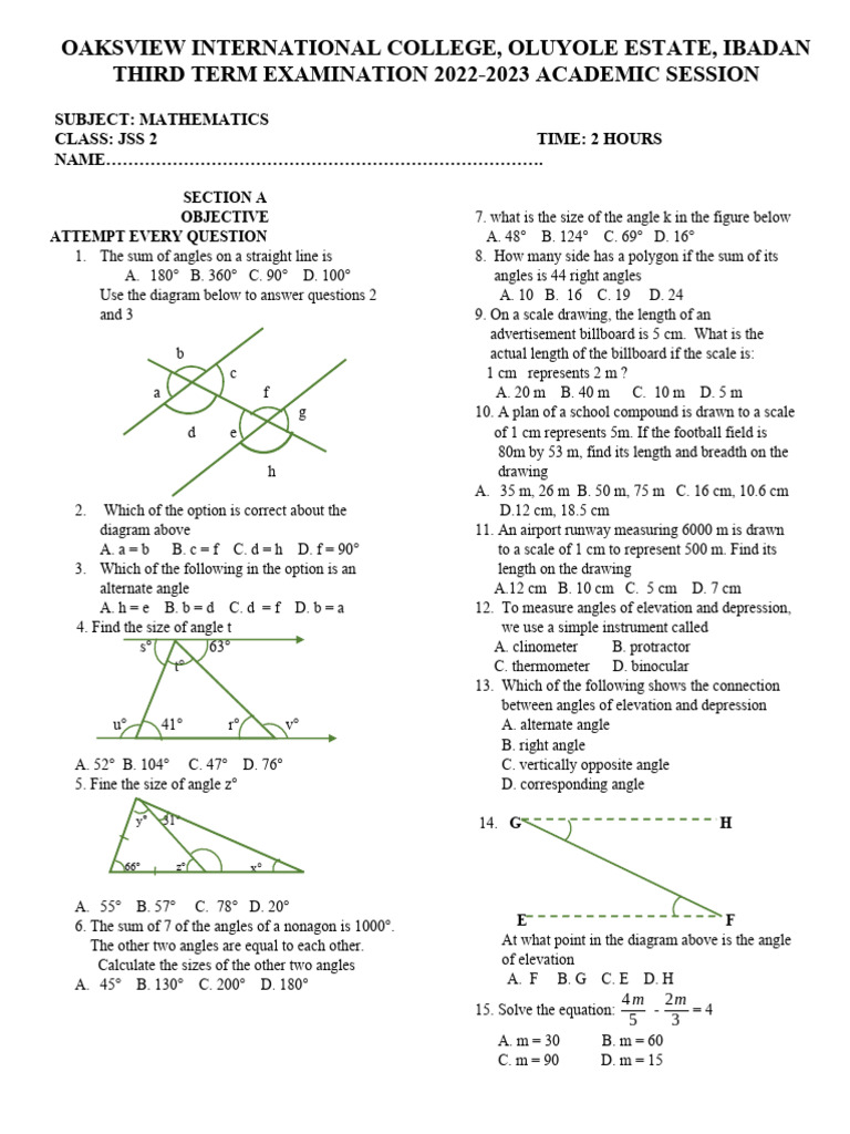 JSS2 3RD Term Maths Exam 2022-2023 | PDF | Area | Angle
