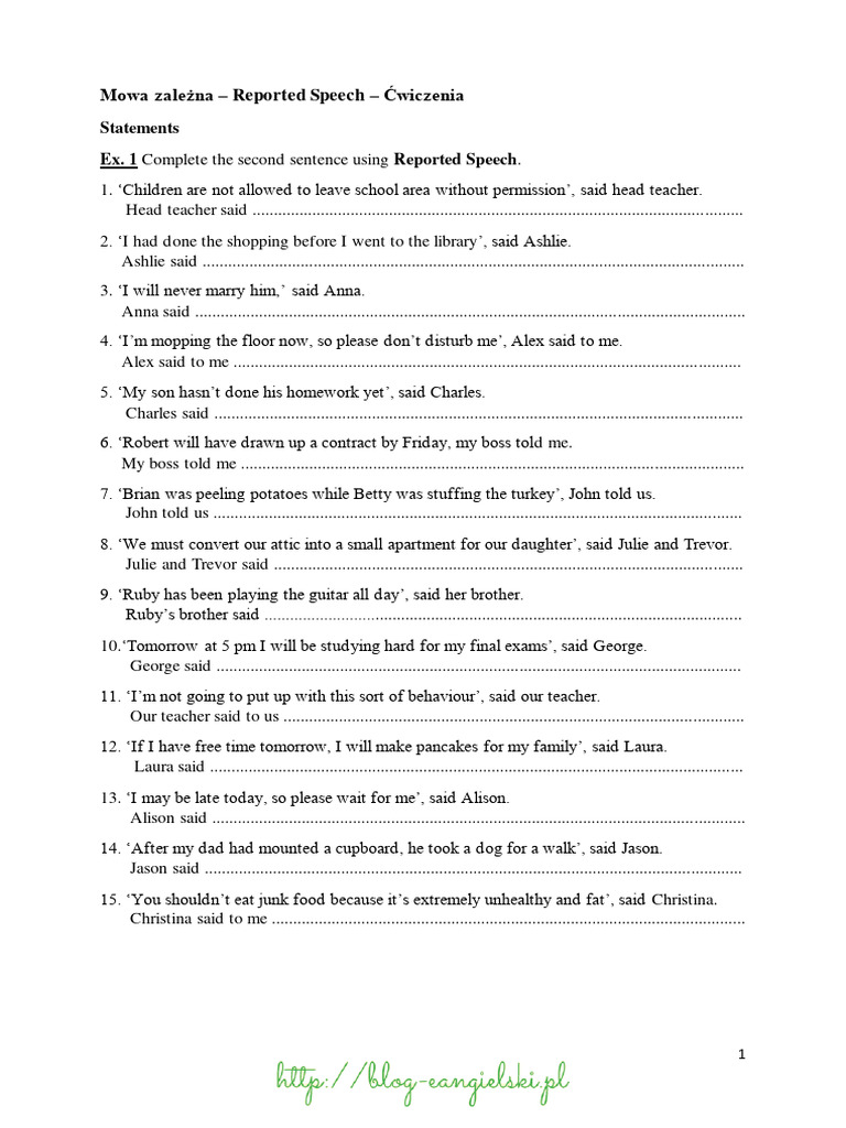 Mowa Zależna - Reported Speech - Ćwiczenia 1 | PDF