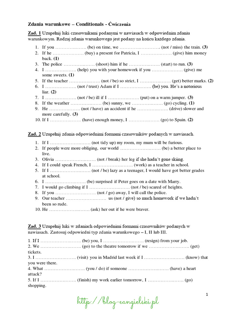 Zdania Warunkowe Conditionals Ćwiczenia 1 | PDF