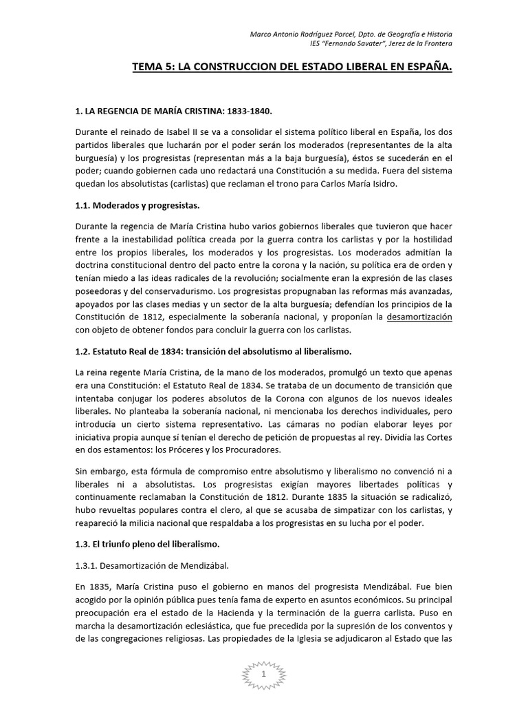 Tema 5 - La construcción del Estado liberal en España (1833-1898) | PDF | España | Política de ...
