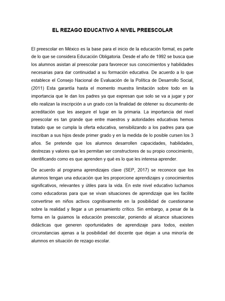 El Rezago Educativo A Nivel Preescolar | PDF | Educación de la primera infancia | Educación primaria