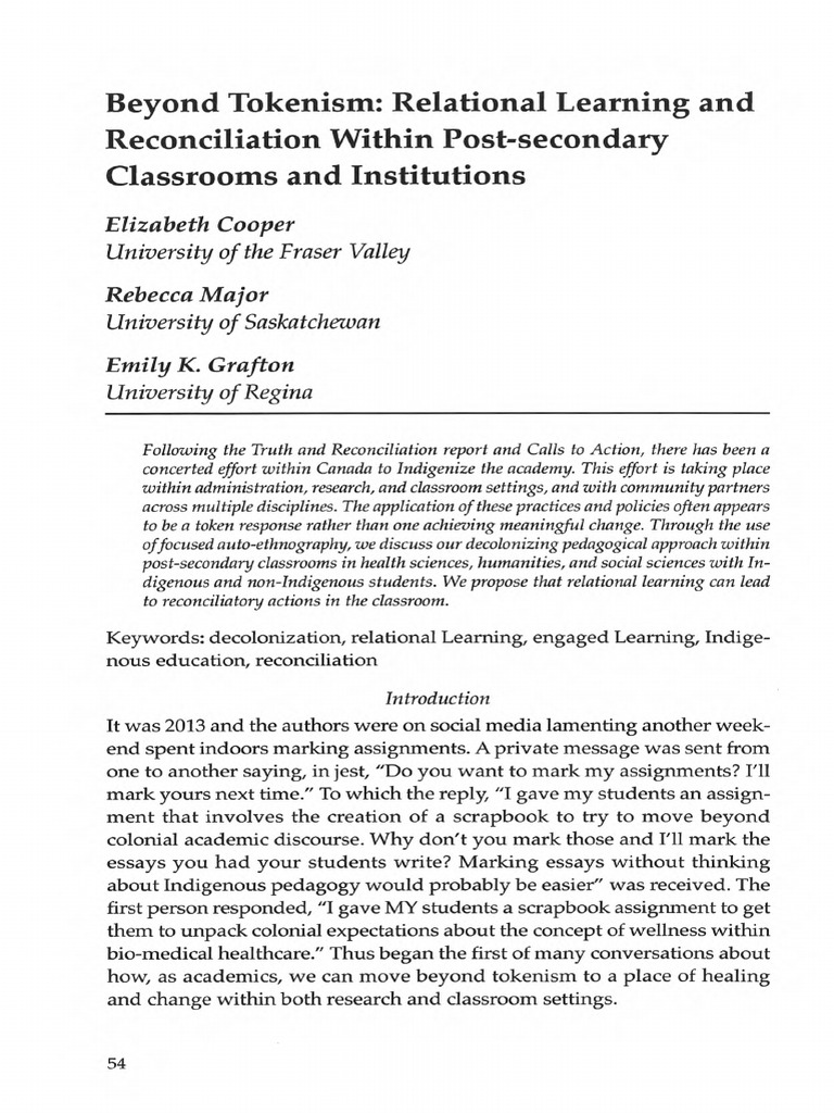 Cncon, 5. Beyond Tokenism - Relational Learning and Reconciliation Within Post-Secondary ...