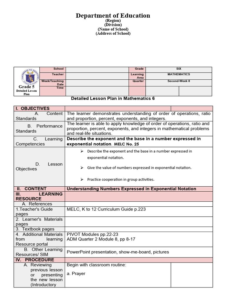 Cot Math 6 Week 8 Pdf Exponentiation Multiplication