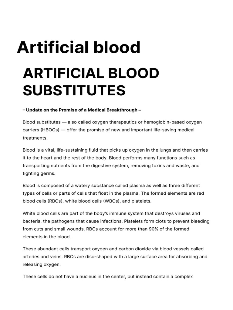 Advances in Artificial Blood Substitutes | PDF | Blood | Red Blood Cell
