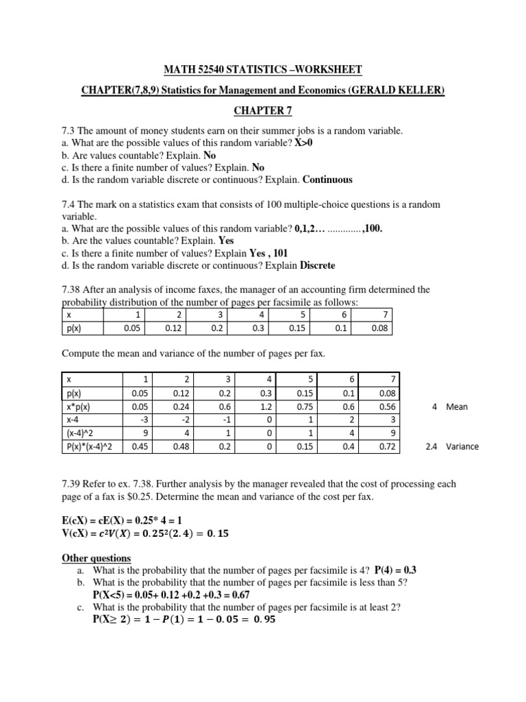 CHAPTERS 7-9 Worksheet - Ques & Ans | PDF | Random Variable ...