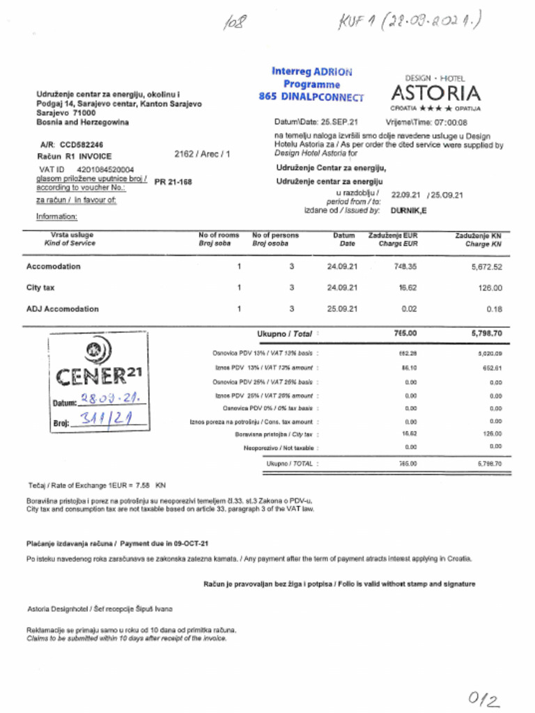 311-21 Racun 2162 Hotel Astoria | PDF