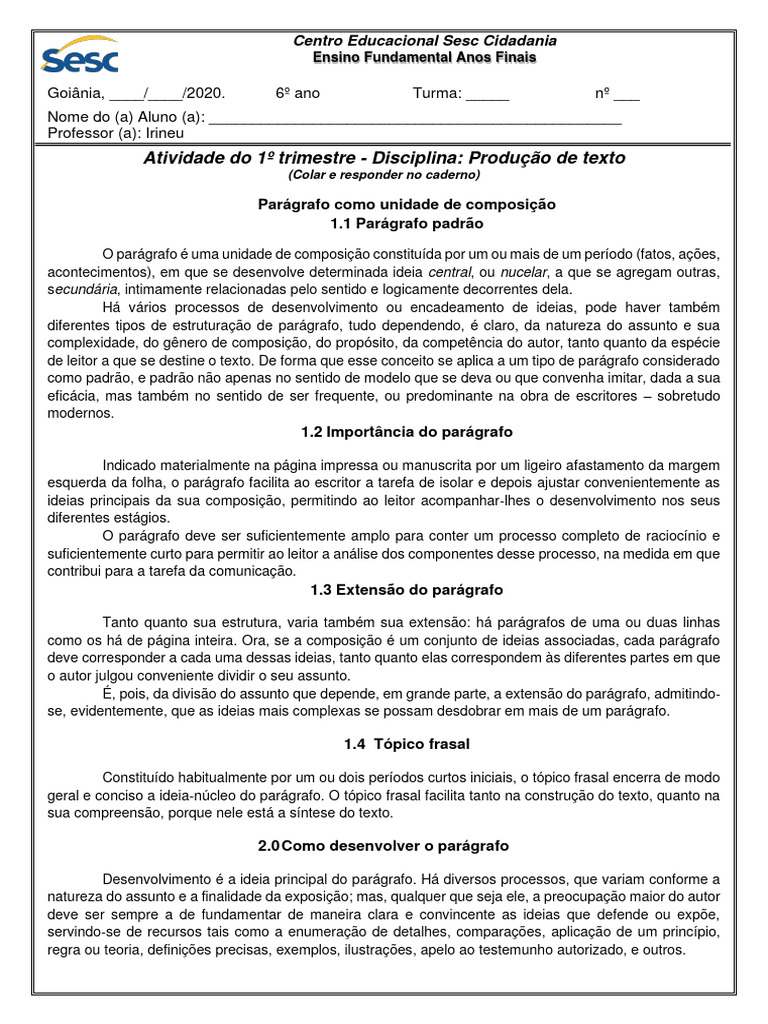Atividade sobre Estrutura de Parágrafos | PDF | Parágrafo | Narrativa