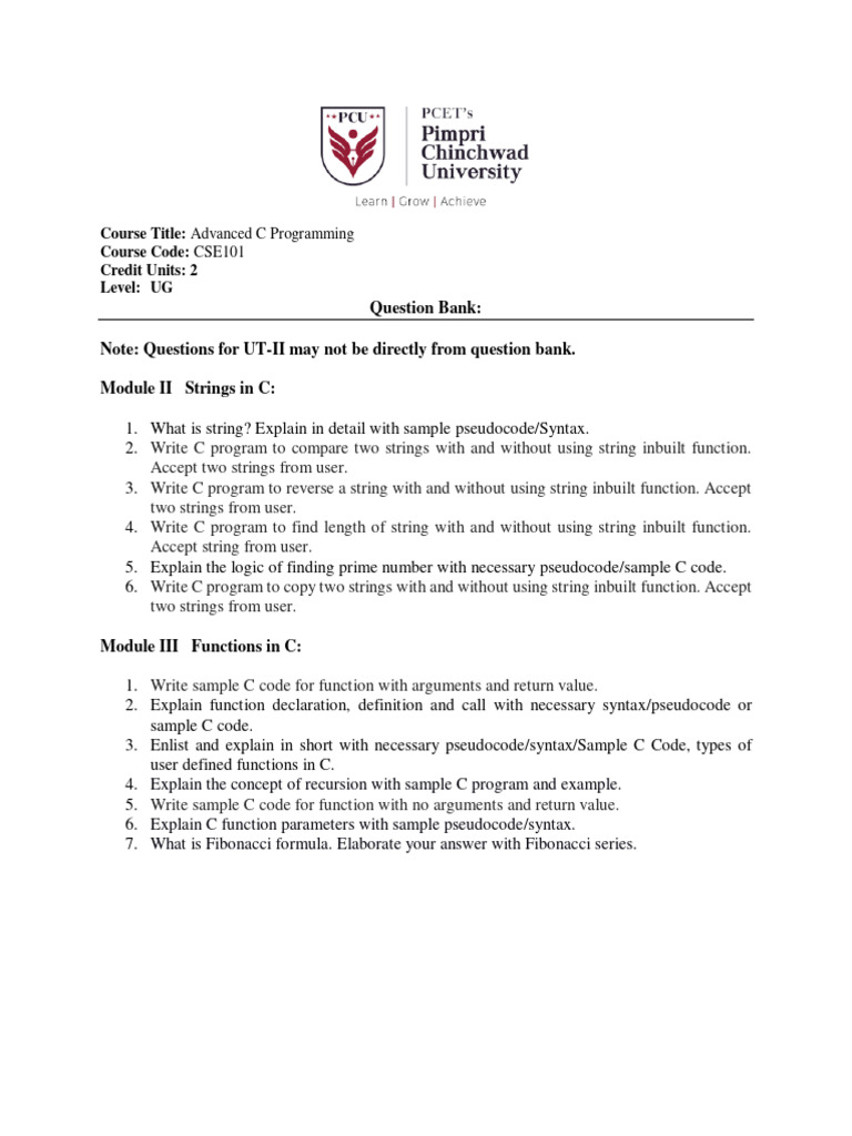 Question Bank For UT-II Adv C Programming | PDF | Computers | Technology & Engineering