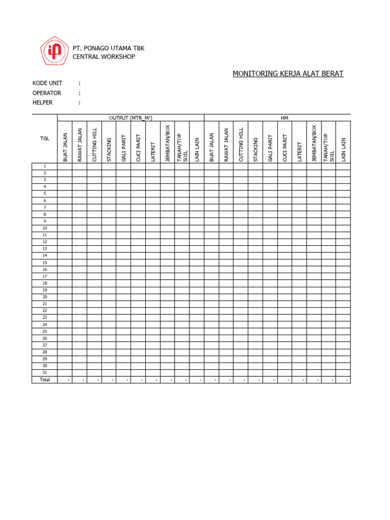 Form Monitoring Kerja Alat Berat | PDF