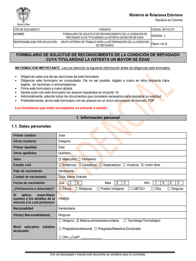 Solicitud de Reconocimiento de Refugiado - Docx2023 | PDF | Documento ...