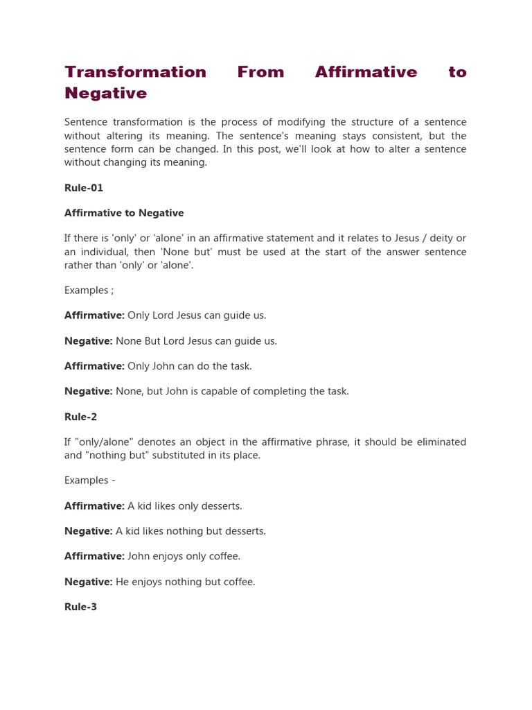 Transformation From Affirmative To Negative | Download Free PDF ...