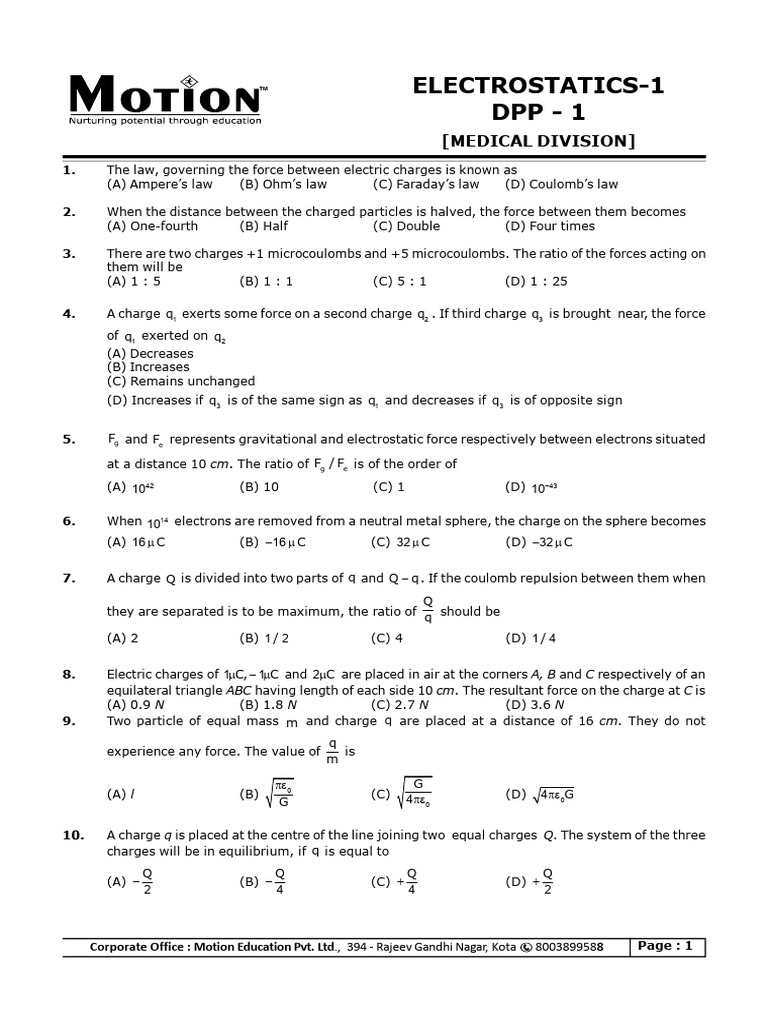 Electrostatics NEET DPP & Sollution | PDF | Electric Field | Force